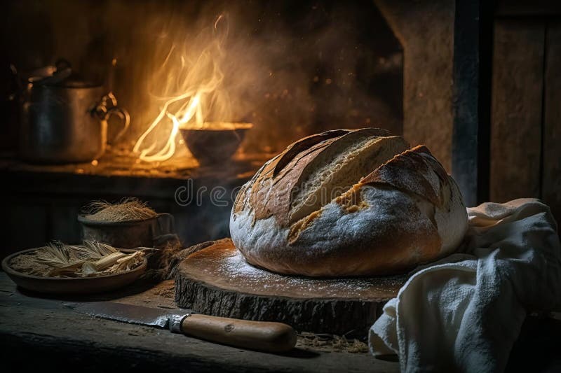 Crispy Freshly Baked Traditional Bread on a Rustic Wooden Table with ...