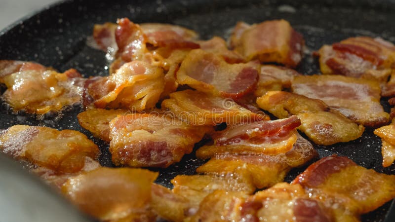 Crispy Fried Bacon Slices on a Frying Pan Stock Image - Image of ...