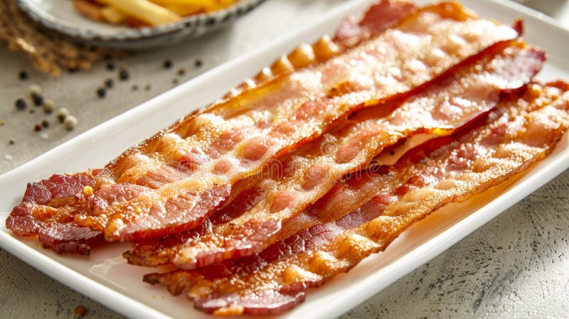 Crispy Fried Bacon Strips on Elegant White Plate Stock Photo - Image of ...