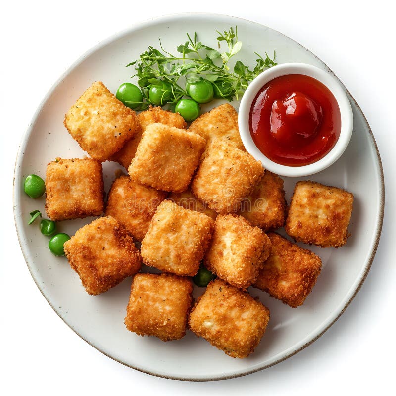 Crispy Fried Cheese Cubes with Peas and Ketchup Appetizer Dish Stock ...