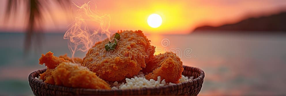 Crispy Fried Chicken in Basket at Sunset Beach Stock Photo - Image of ...