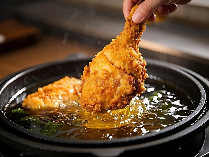 Crispy Fried Chicken Being Pulled Out of Hot Oil Stock Illustration ...