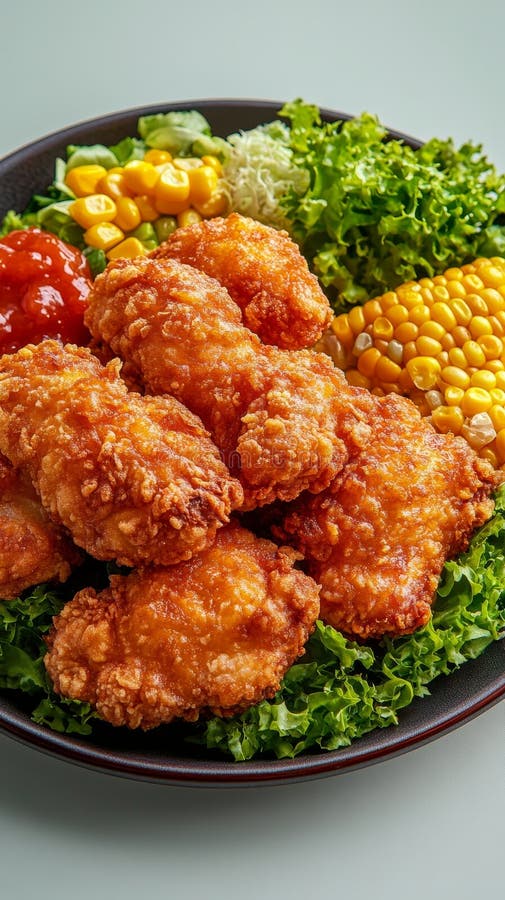 Crispy Fried Chicken Bites, Corn on the Cob, and Fresh Salad on a Plate ...
