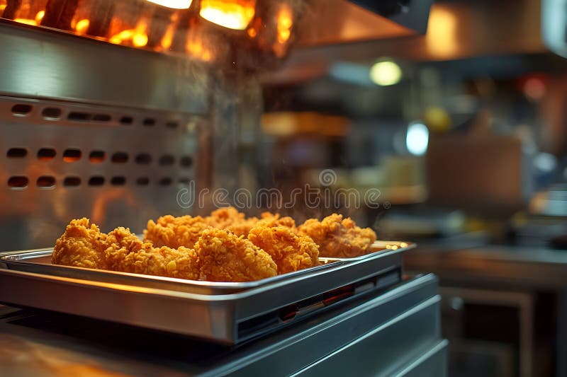Crispy Fried Chicken Cooking in a Hot Commercial Kitchen Oven Stock ...