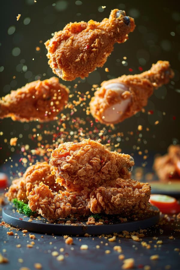 Crispy Fried Chicken Drumsticks Falling Onto a Plate with Seasoning ...