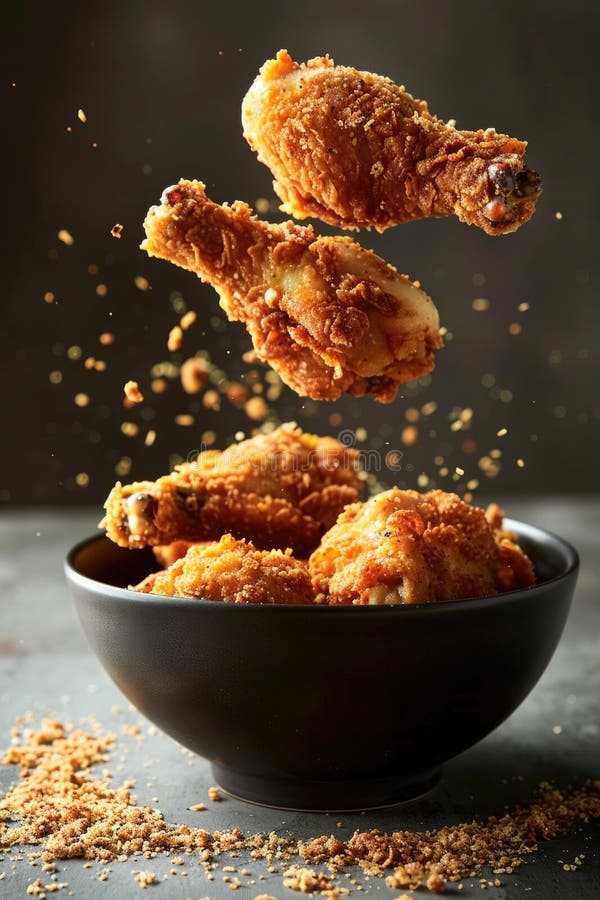 Crispy Fried Chicken Drumsticks Falling Onto a Plate with Seasoning ...