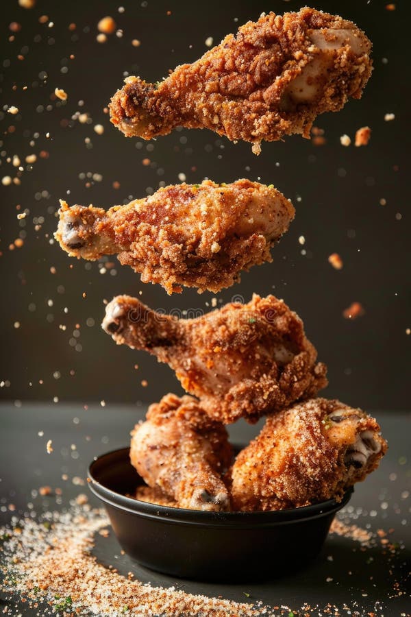 Crispy Fried Chicken Drumsticks Falling Onto Plate Seasoning Stock ...
