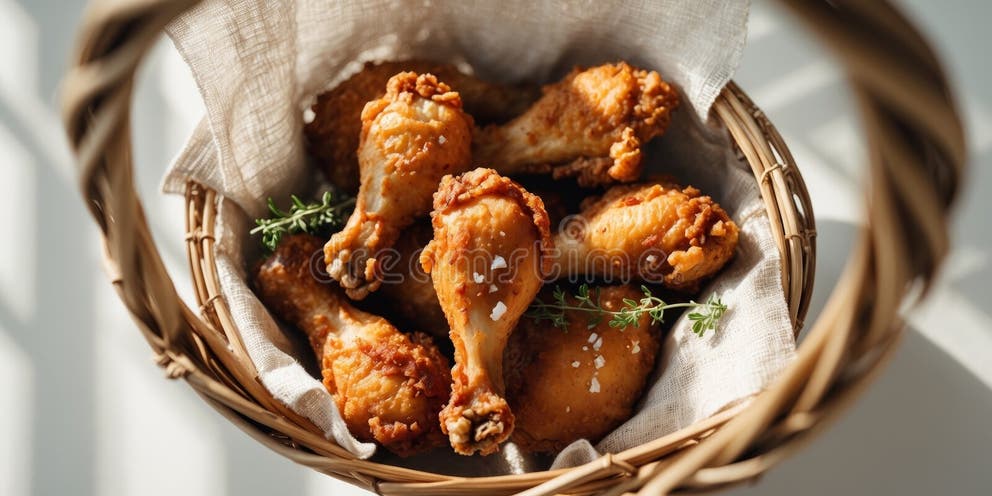 Crispy Fried Chicken Drumsticks in a Wicker Basket Stock Photo - Image ...