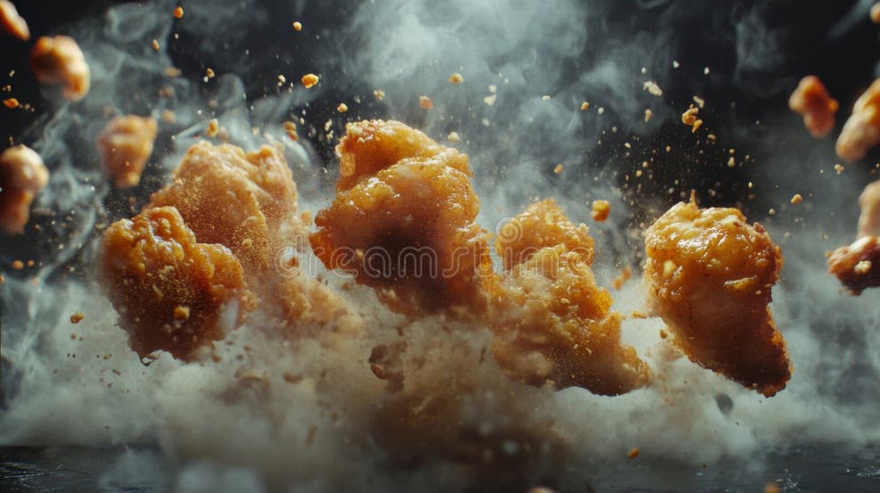 Crispy Fried Chicken Explosion with Smoke and Steam Stock Illustration ...