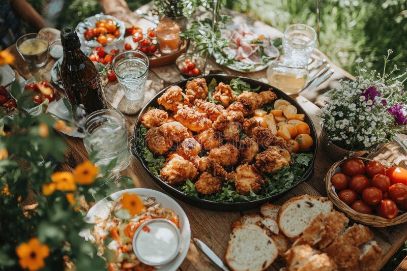 Crispy Fried Chicken Feast on Rustic Outdoor Table Setting with Fresh ...