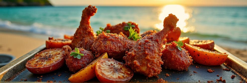 Crispy Fried Chicken and Grilled Lemons on Beach at Sunset Stock Image ...