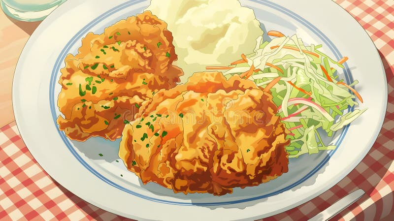 Crispy Fried Chicken Illustration with Mashed Potatoes and Salad Stock ...