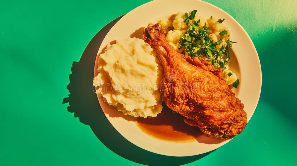 Crispy Fried Chicken Leg with Mashed Potatoes and Gravy on White Plate ...