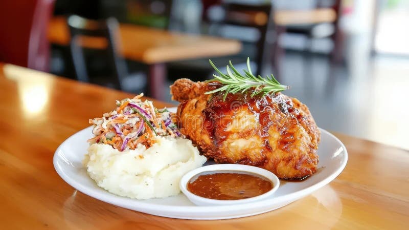 Crispy Fried Chicken with Mashed Potatoes and Coleslaw on Plate Stock ...