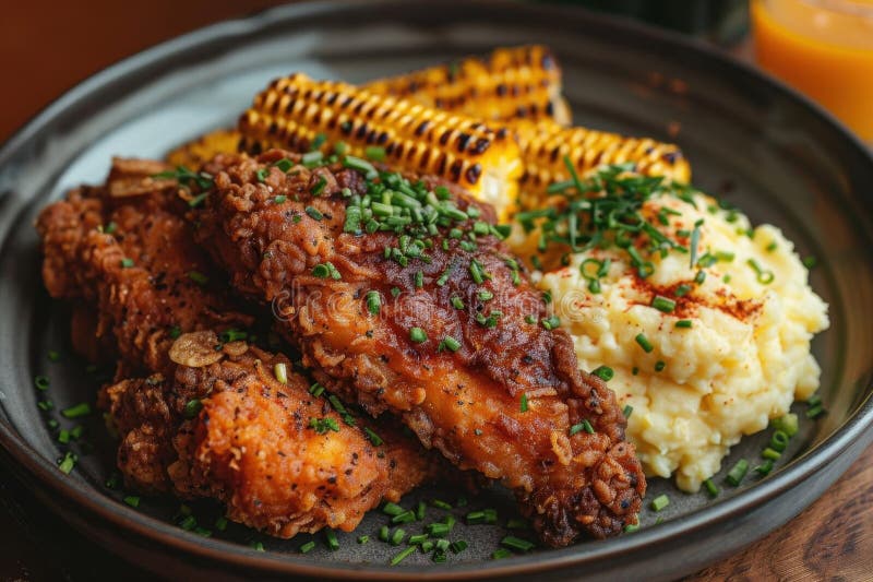 Crispy Fried Chicken with Mashed Potatoes and Grilled Corn Stock ...