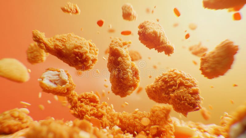 Crispy Fried Chicken Nuggets Falling on Orange Background Stock ...
