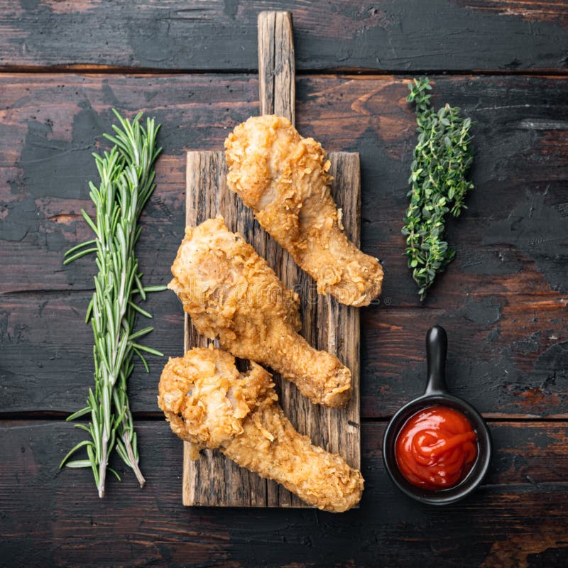 Crispy Fried Chicken on Old Dark Wooden Table, Top View Stock Image ...