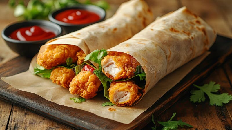 Crispy Fried Chicken in Paper Wraps with Dipping Sauces. Stock Image ...