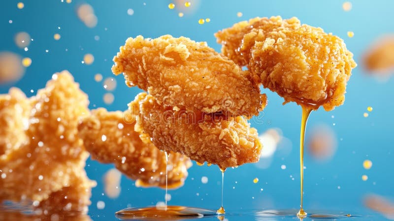Crispy Fried Chicken Pieces Dripping with Sauce Against a Vibrant Blue ...