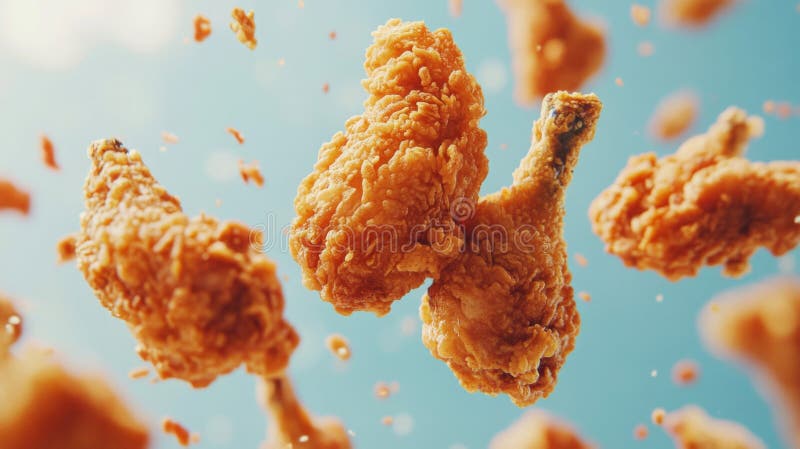 Crispy Fried Chicken Pieces Falling Against Blue Sky Stock Illustration ...