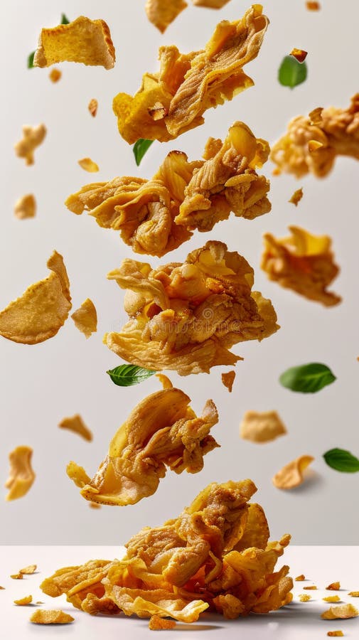 Crispy Fried Chicken Pieces Falling with Basil Leaves on a Neutral ...