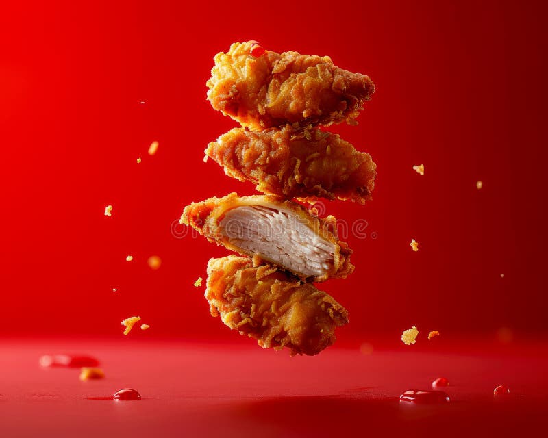 Crispy Fried Chicken Pieces Falling with Bread Crumbs on Vibrant Red ...