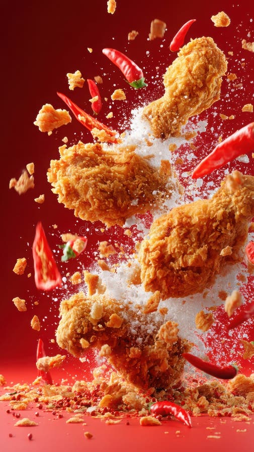 Crispy Fried Chicken Pieces and Red Chili Peppers are Exploding in Mid ...