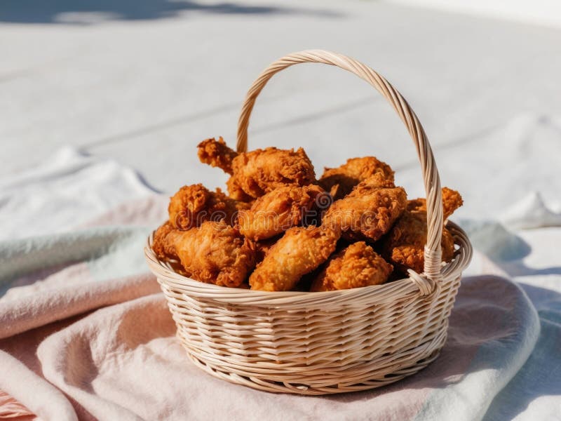 Crispy Fried Chicken Pieces in a Wicker Basket on a Picnic Blanket ...