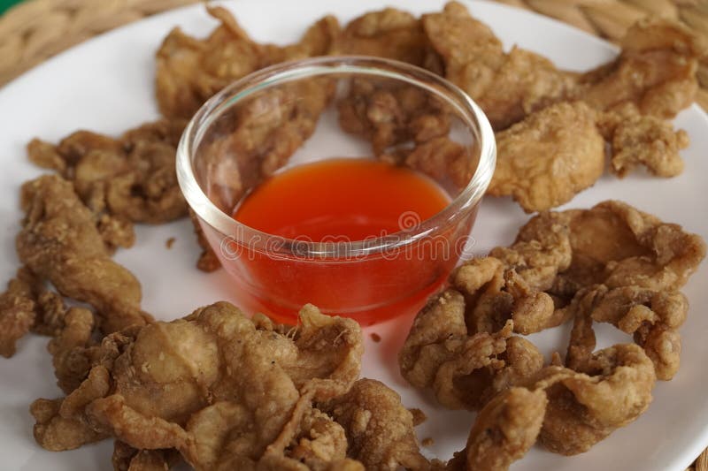 Crispy Fried Chicken Skin on Plate with Sauce Stock Photo - Image of ...