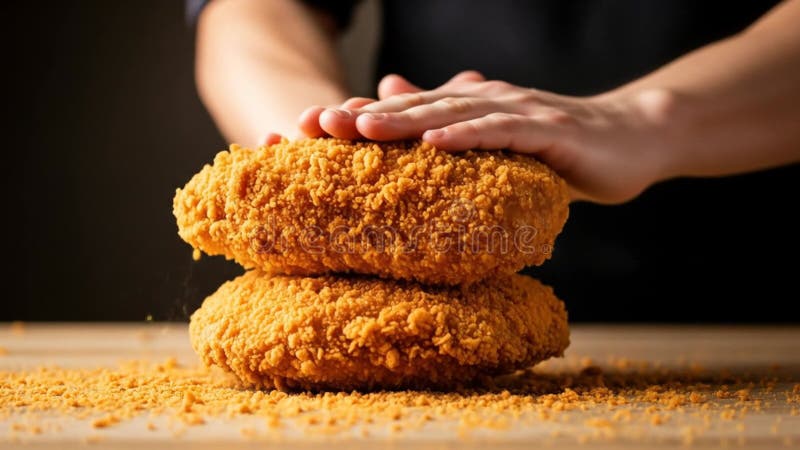 Crispy Fried Chicken Stack stock footage. Video of pressing - 387260840