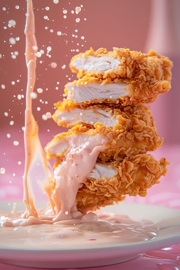 Crispy Fried Chicken Stack with a Splash of Creamy Sauce on a Plate ...
