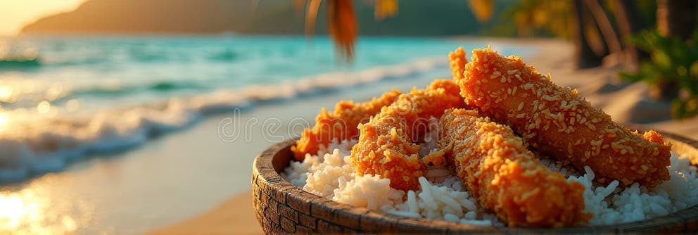 Crispy Fried Chicken Strips on Rice by the Beach at Sunset Stock Image ...