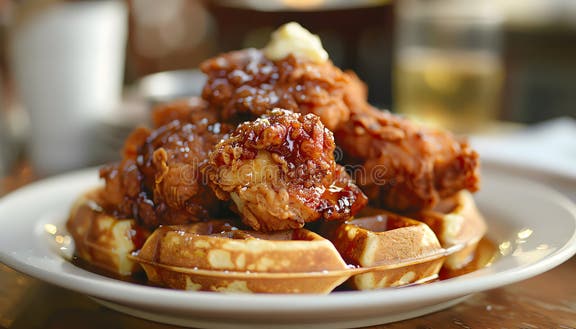 Crispy Fried Chicken on Top of Fluffy Waffles Stock Illustration ...