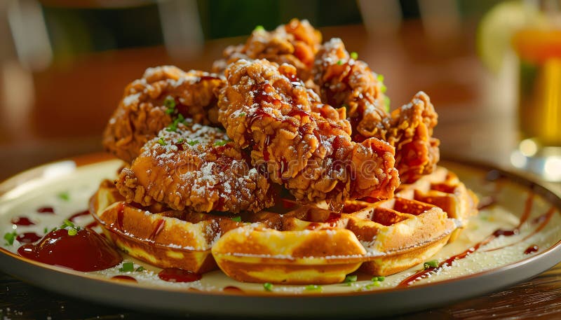 Crispy Fried Chicken on Top of Fluffy Waffles Stock Illustration ...
