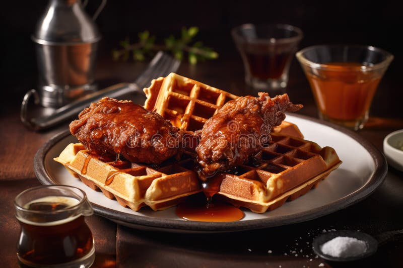 Crispy Fried Chicken with Waffles and Maple Syrup Stock Illustration ...