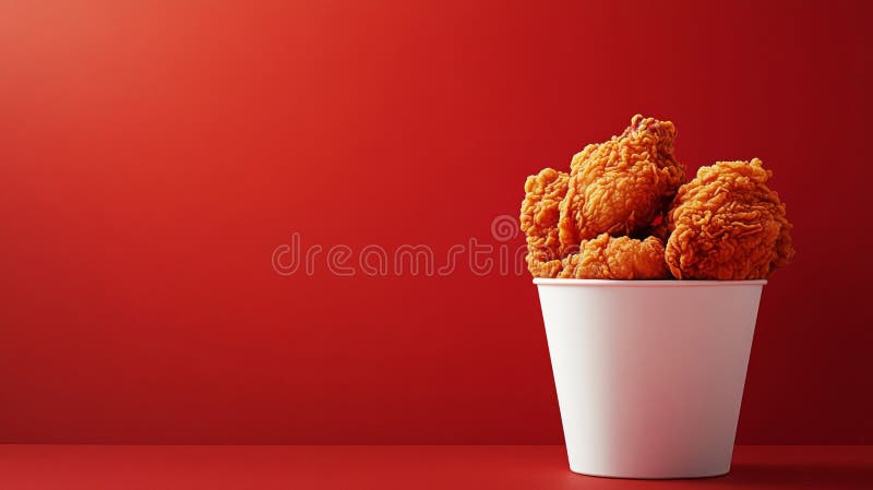 Crispy Fried Chicken in White Bucket Against Red Background Stock ...