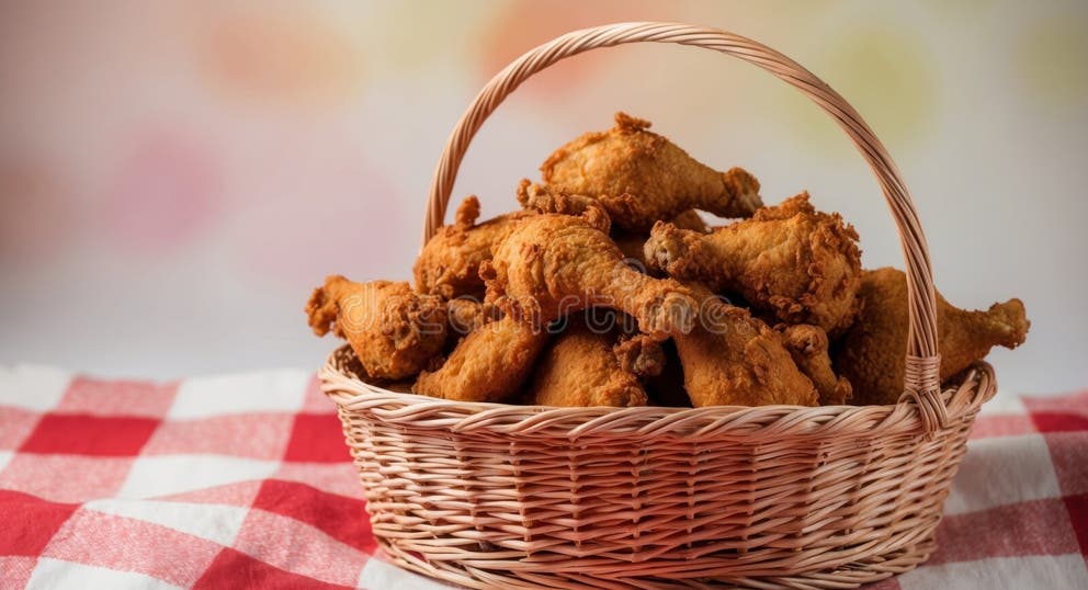 Crispy Fried Chicken in a Wicker Basket on a Picnic Blanket. Stock ...
