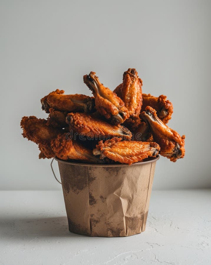 Crispy Fried Chicken Wings in a Brown Paper Bucket Stock Image - Image ...