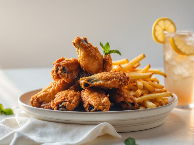 Crispy Fried Chicken Wings with Golden Fries and Refreshing Drink Stock ...