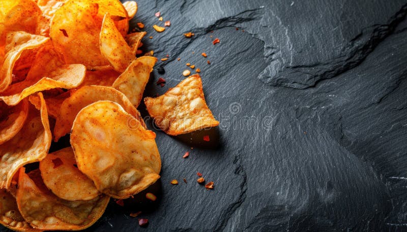Crispy Fried Chips Scattered on a Textured Black Slate Surface Stock ...