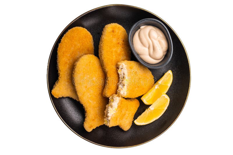 Crispy Fried Cod Fish Sticks on Plate Isolated on White Background. Top ...