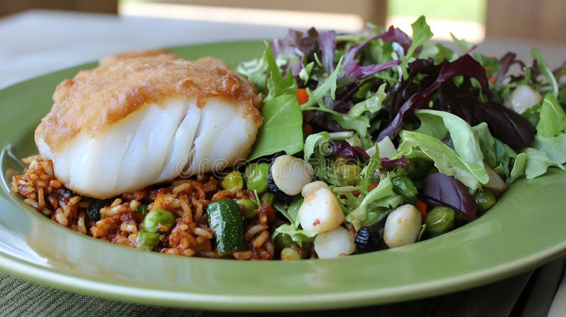 Crispy Fried Cod with Spicy Rice and Mixed Greens Royalty Free Image ...