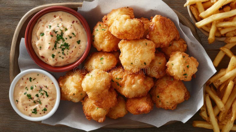Crispy Fried Fish Bites Served with Dipping Sauces Stock Illustration ...