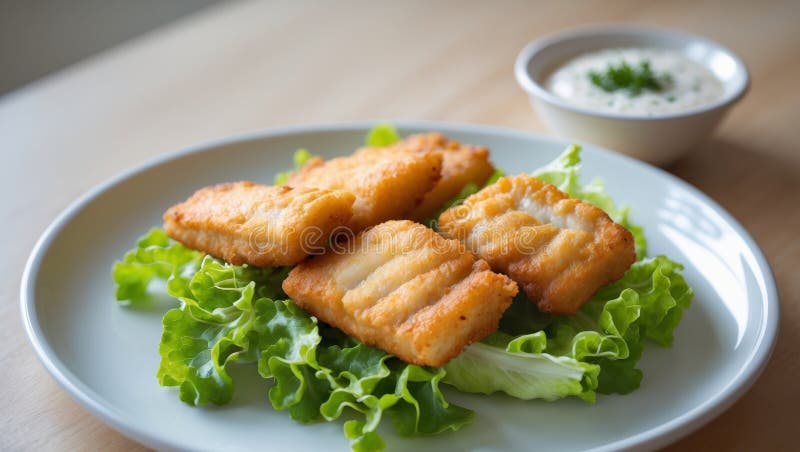 Crispy Fried Fish Fillets with Fresh Lettuce and Creamy Dip Sauce ...