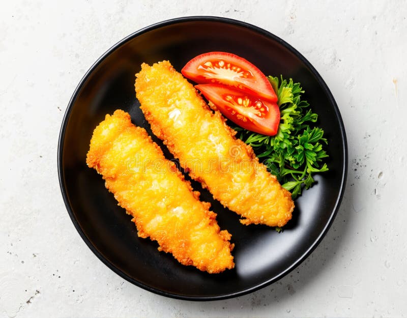 Crispy Fried Fish Fillets Served on a Black Plate with Lettuce and ...