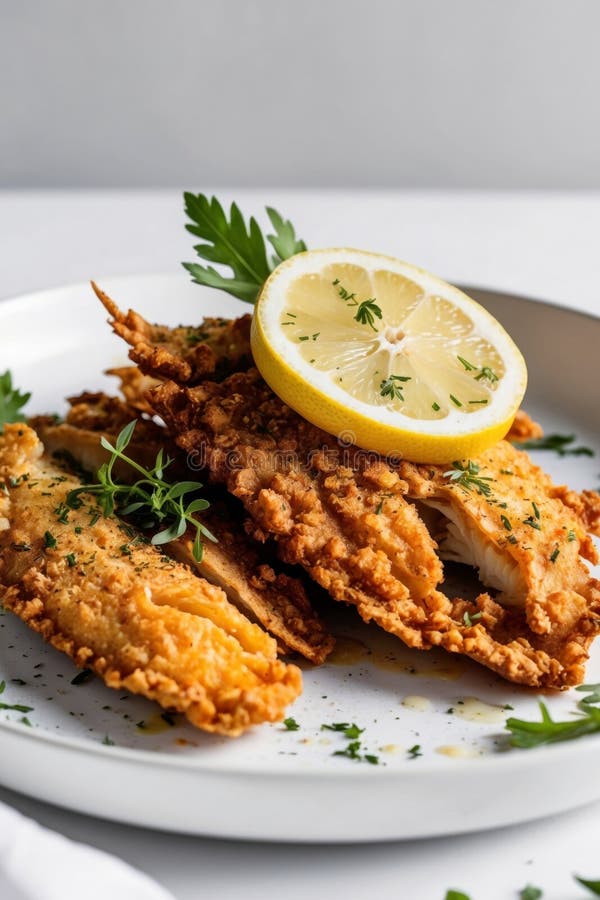 Crispy Fried Fish with Fresh Lemon and Herbs. Stock Photo - Image of ...