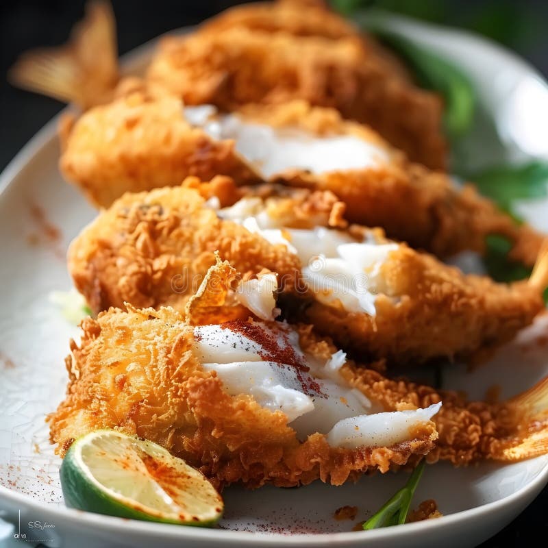 Crispy Fried Fish on Plate with Lime Slice Stock Image - Image of ...