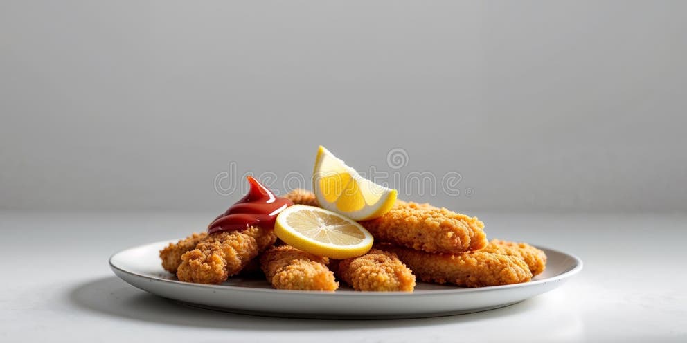 Crispy Fried Fish Sticks with Lemon and Ketchup Stock Photo - Image of ...