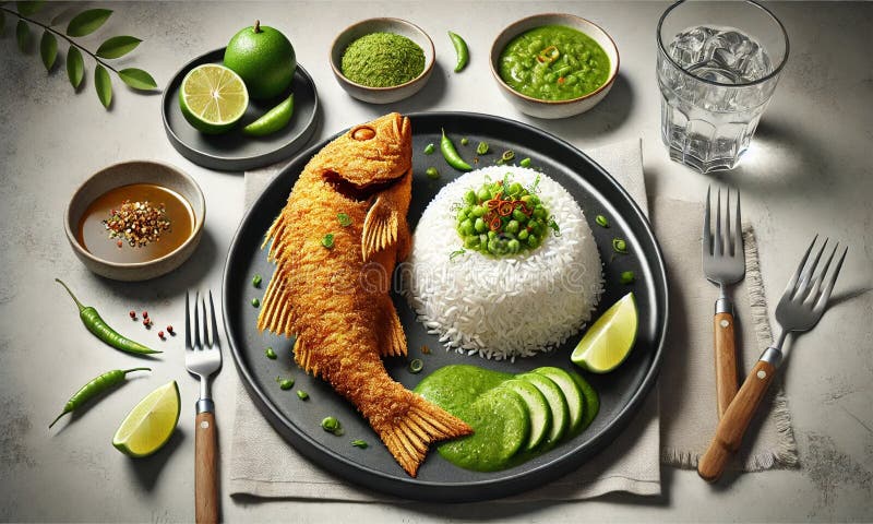 Crispy Fried Fish with White Rice and Spicy Young Mango Sauce ...