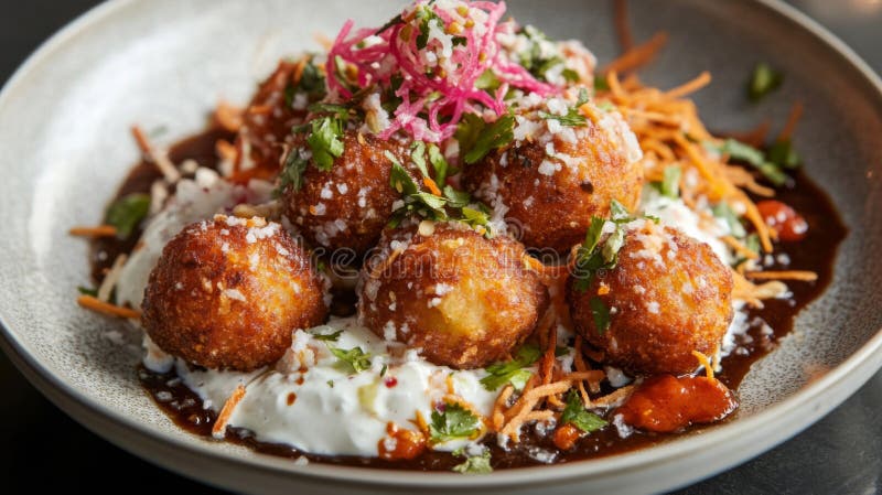 Crispy Fried Food Balls with Yogurt Sauce and Garnish Stock ...